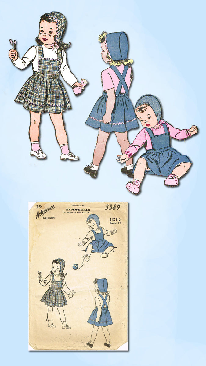 1940s Vintage Advance Sewing Pattern 3389 WWII Baby Girls Pinafore Dre ...