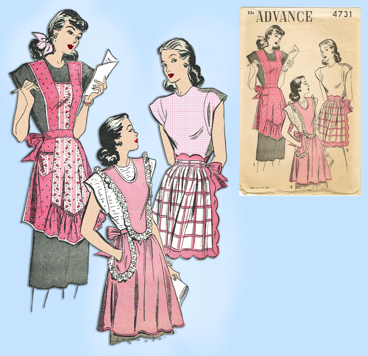 1940s Vintage Advance Sewing Pattern 4731 Rare Misses Full Bib Apron F ...
