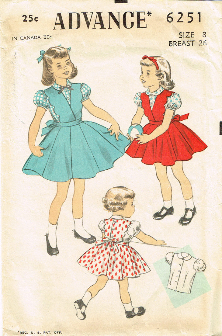1950s Vintage Advance Sewing Pattern 6251 Uncut Girls Jumper Dress & B ...