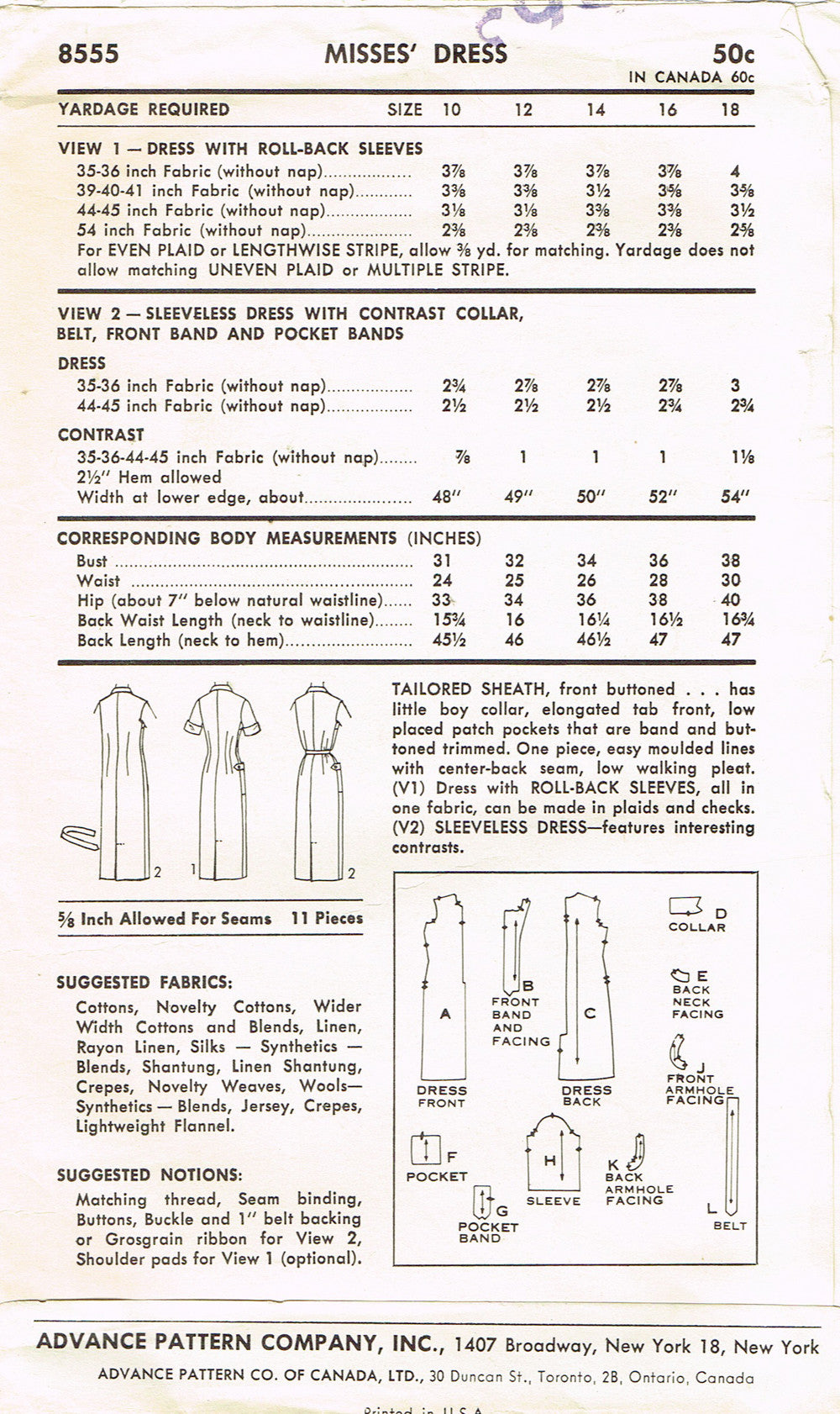 1950s Vintage Advance Sewing Pattern 8555 Uncut Misses Wiggle Dress Si ...