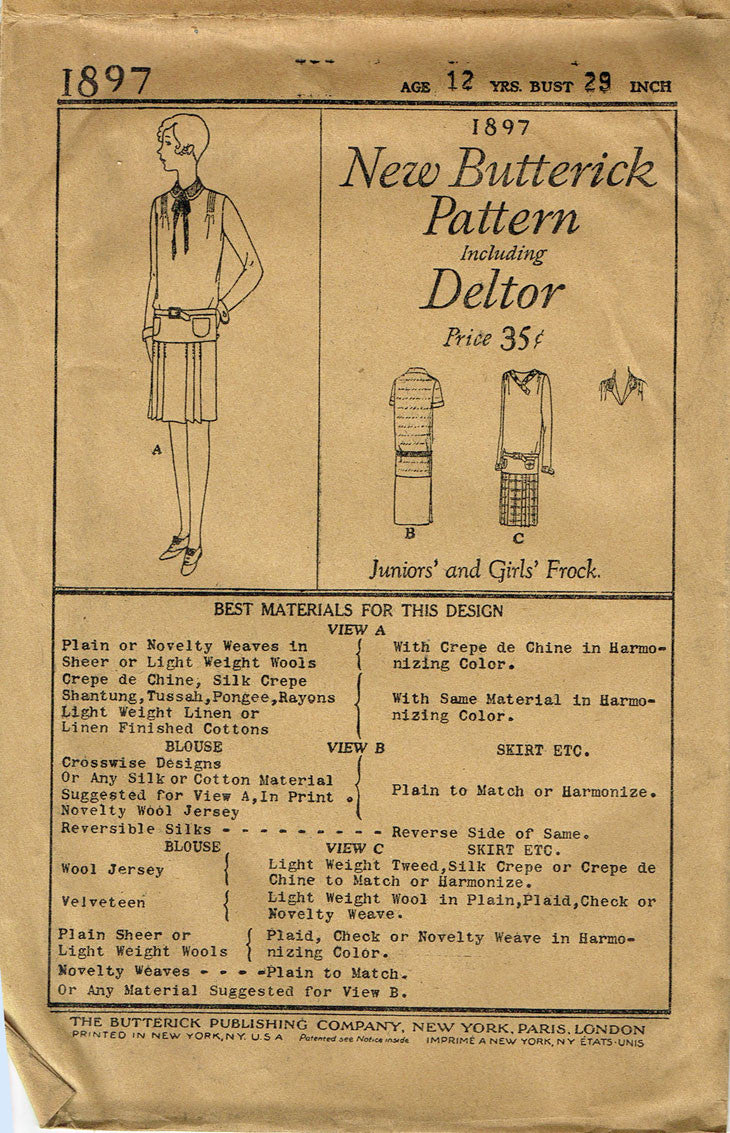 1920s VTG Butterick Sewing Pattern 1897 Uncut Girls Flapper Dress Sz12 ...