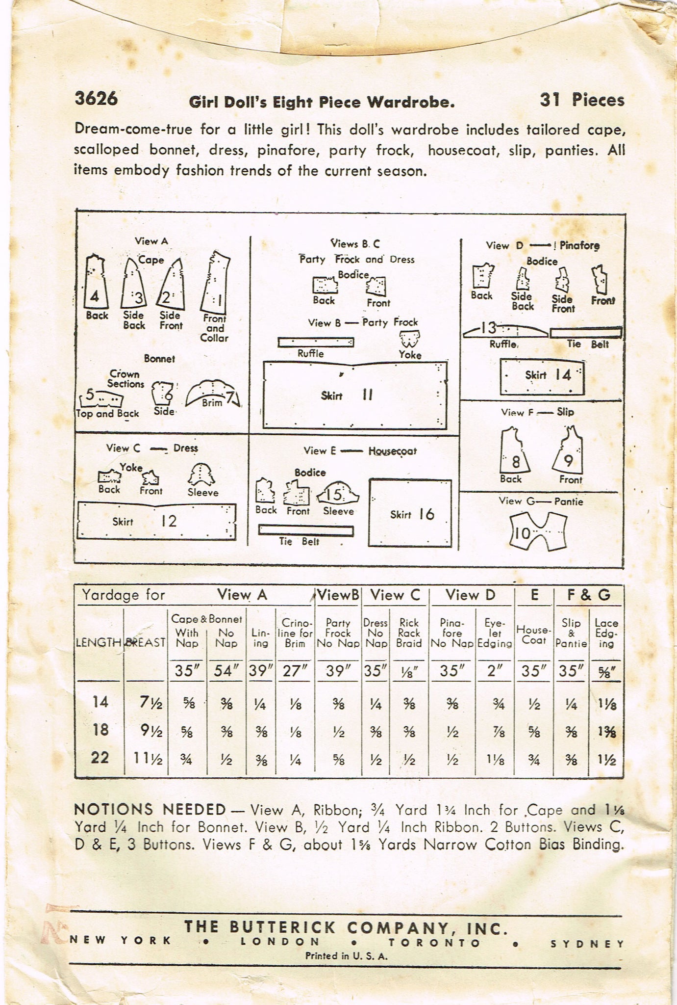 1940s Original Vintage Butterick Pattern 3626 18in Doll Clothes Set ...