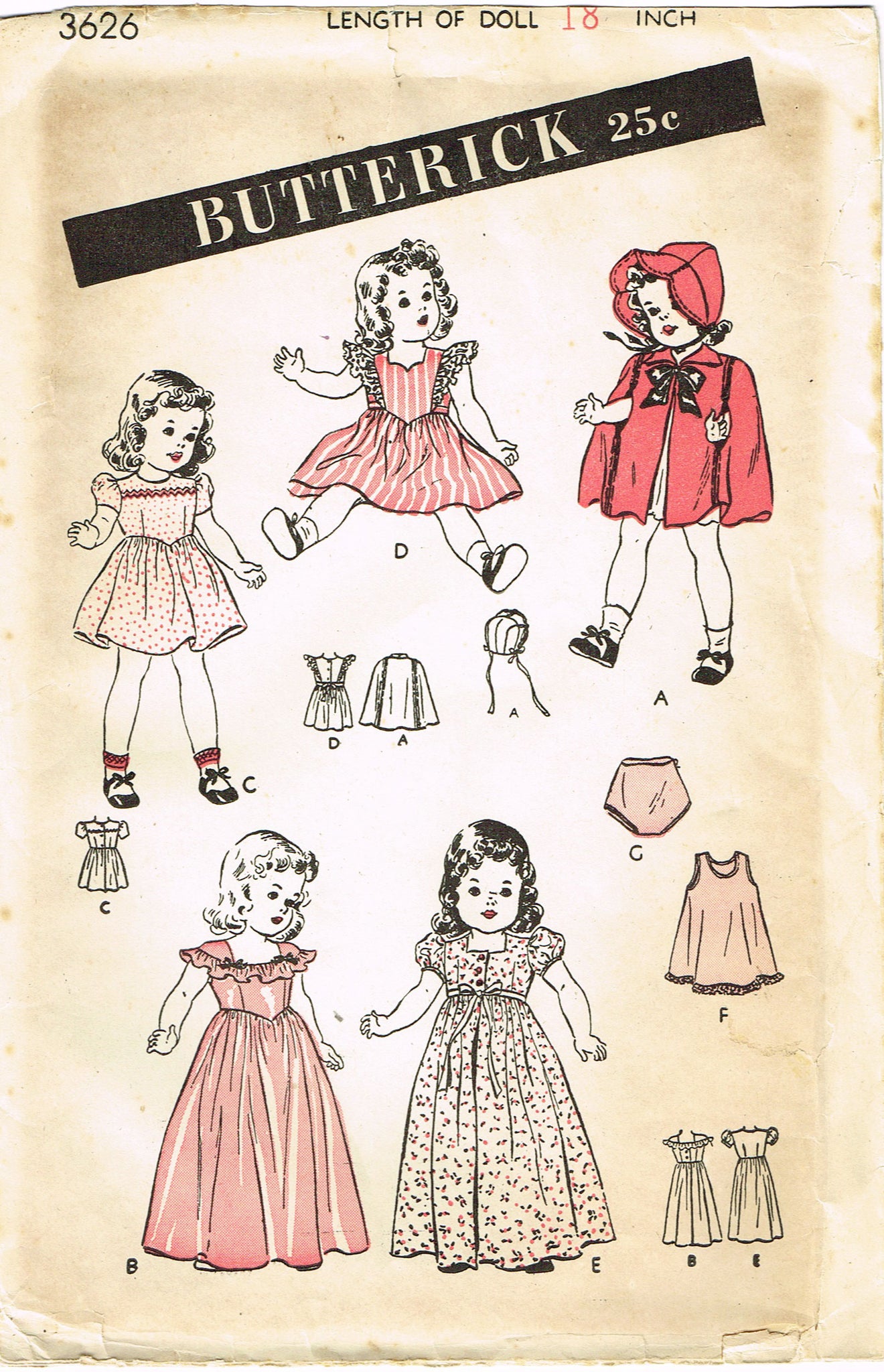 1940s Original Vintage Butterick Pattern 3626 18in Doll Clothes Set ...