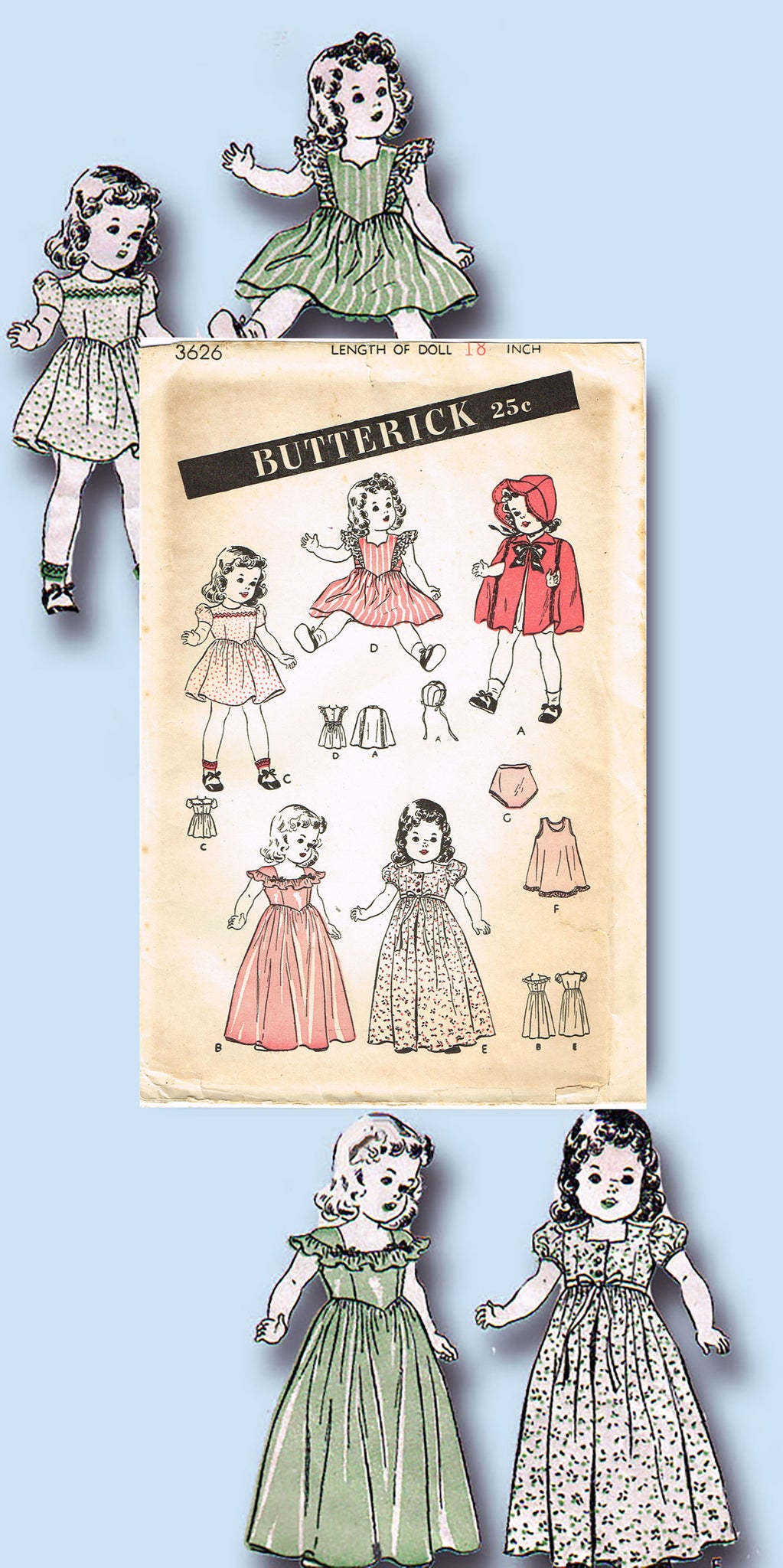 1940s Original Vintage Butterick Pattern 3626 18in Doll Clothes Set ...