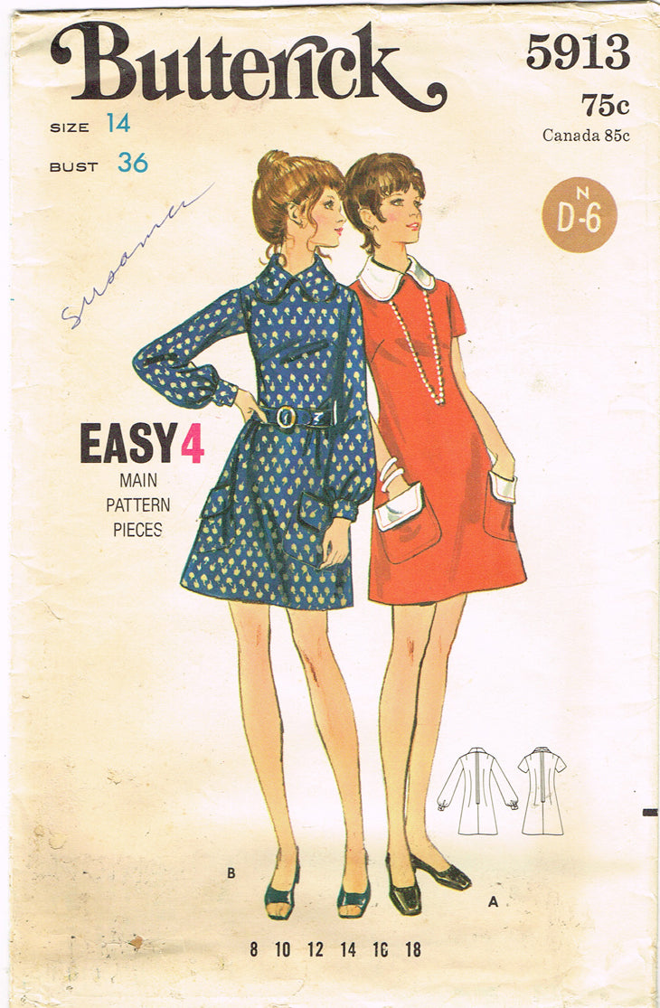 1960s Original Vintage Butterick Pattern 5913 Misses Easy A-Line Dress ...