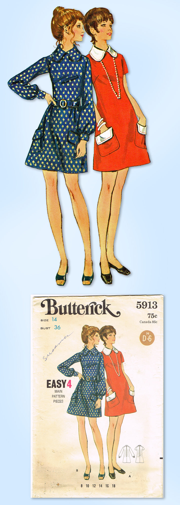 1960s Original Vintage Butterick Pattern 5913 Misses Easy A-Line Dress ...