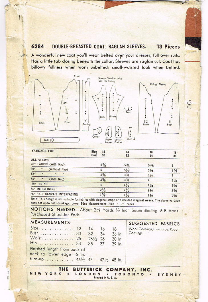 1950s Original Vintage Butterick Pattern 6284 Uncut Misses Raglan Coat ...