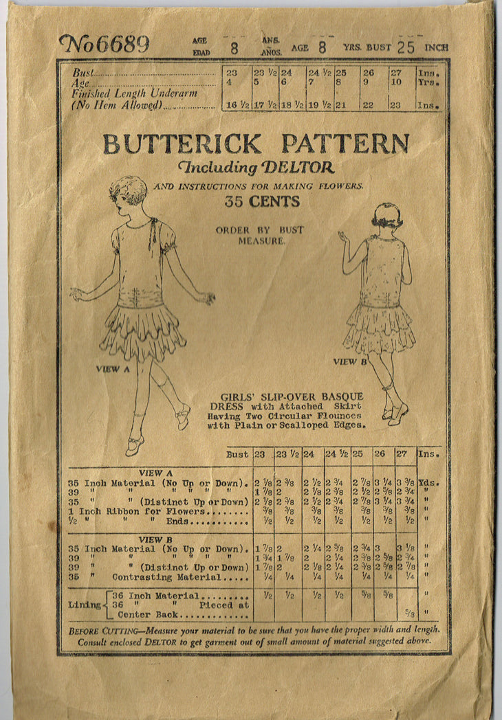 1920s Vintage Butterick Sewing Pattern 6689 Girls Flapper Party Dress ...