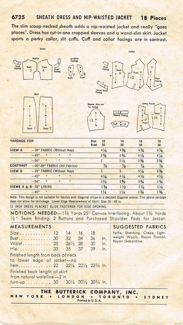 1950s Vintage 1953 Butterick Sewing Pattern 6725 Misses' Dress & Jacke ...