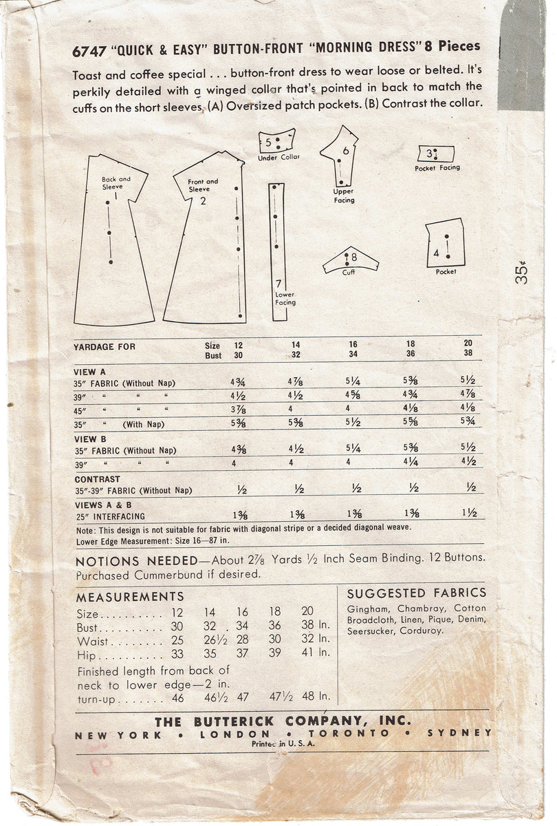 Butterick 6747: 1950s Easy Misses Housecoat or Duster 30B Vintage Sewi ...