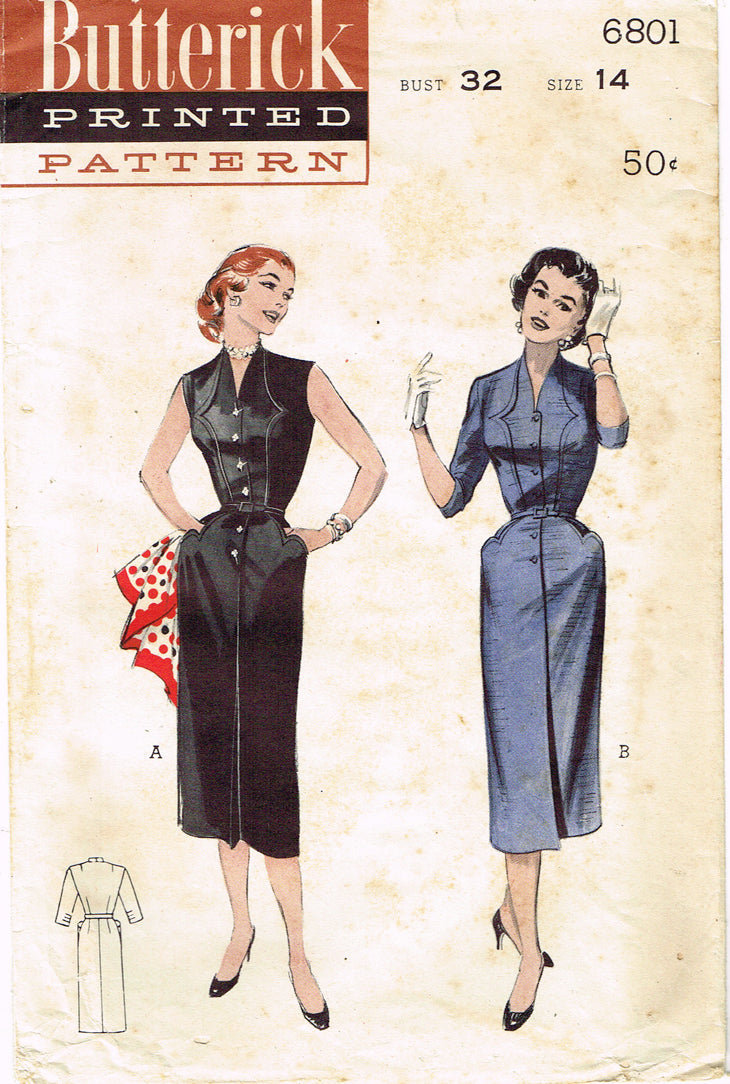 1950s Vintage Butterick Sewing Pattern 6801 Uncut Misses Dress Sz 32 B ...