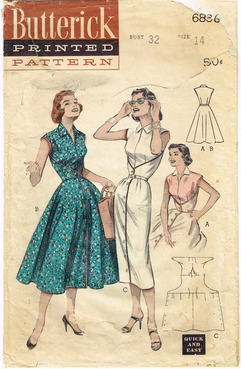 1950s Vintage Butterick Pattern 5184 Stunning Misses Day Dress 32B ...