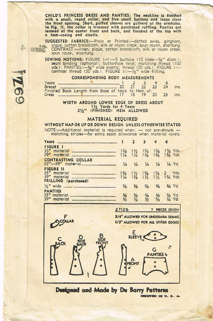 1940s Vintage Du Barry Sewing Pattern 2712 WWII Baby Girls Dress Sz 4 ...