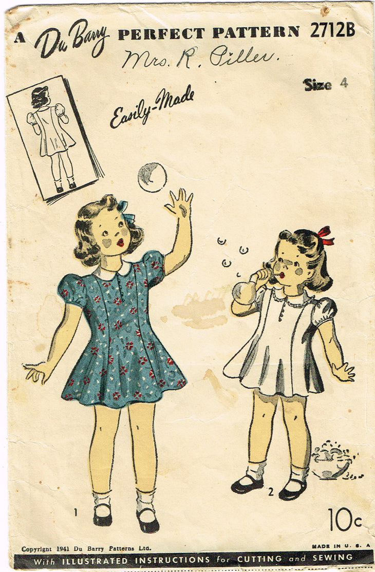 1940s Vintage Du Barry Sewing Pattern 2712 WWII Baby Girls Dress Sz 4 ...