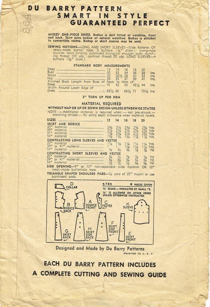 1940s Vintage Du Barry Sewing Pattern 5765 WWII Misses Jumper Dress ...