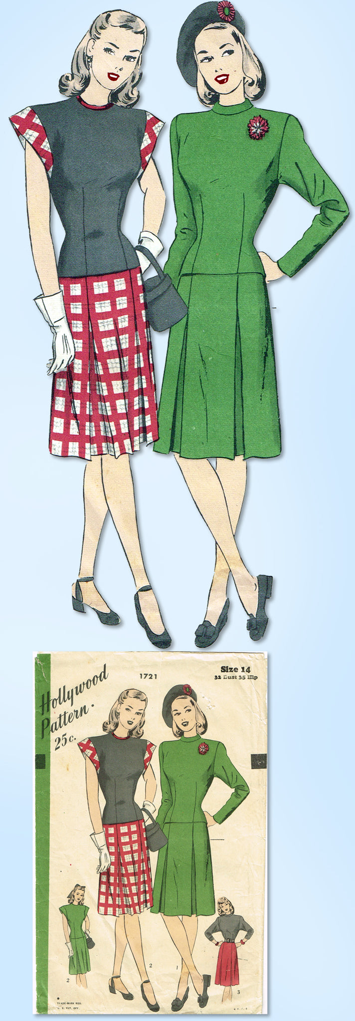 1940s Vintage Hollywood Sewing Pattern 1721 Misses Two Piece Dress 32B ...