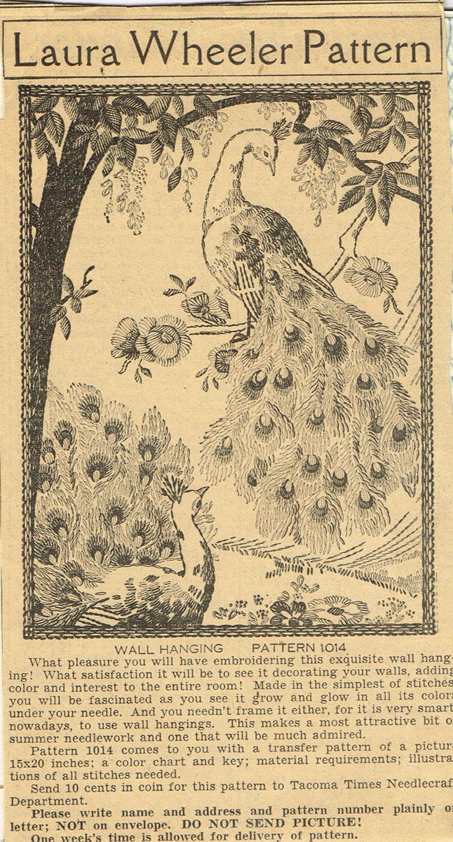 1930s Laura Wheeler Embroidery Transfer 1014 Uncut Peacock Picture ...