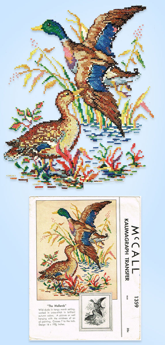 1940s McCall Kaumagraph Embroidery Transfer 1359 Mallard Landscape ...