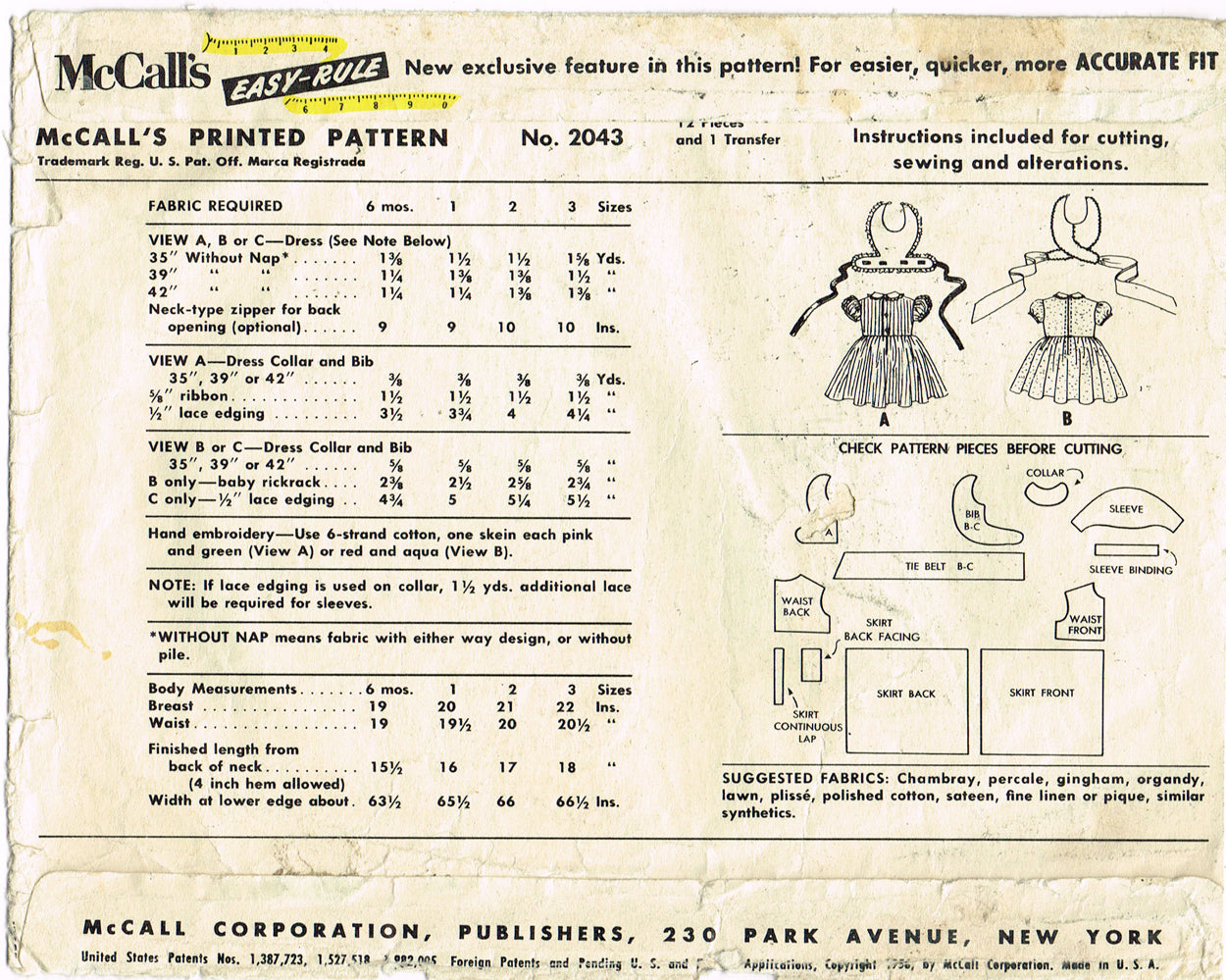 1950s Original Vintage McCall Pattern 2043 Baby Girls Dress & 2 Bibs ...