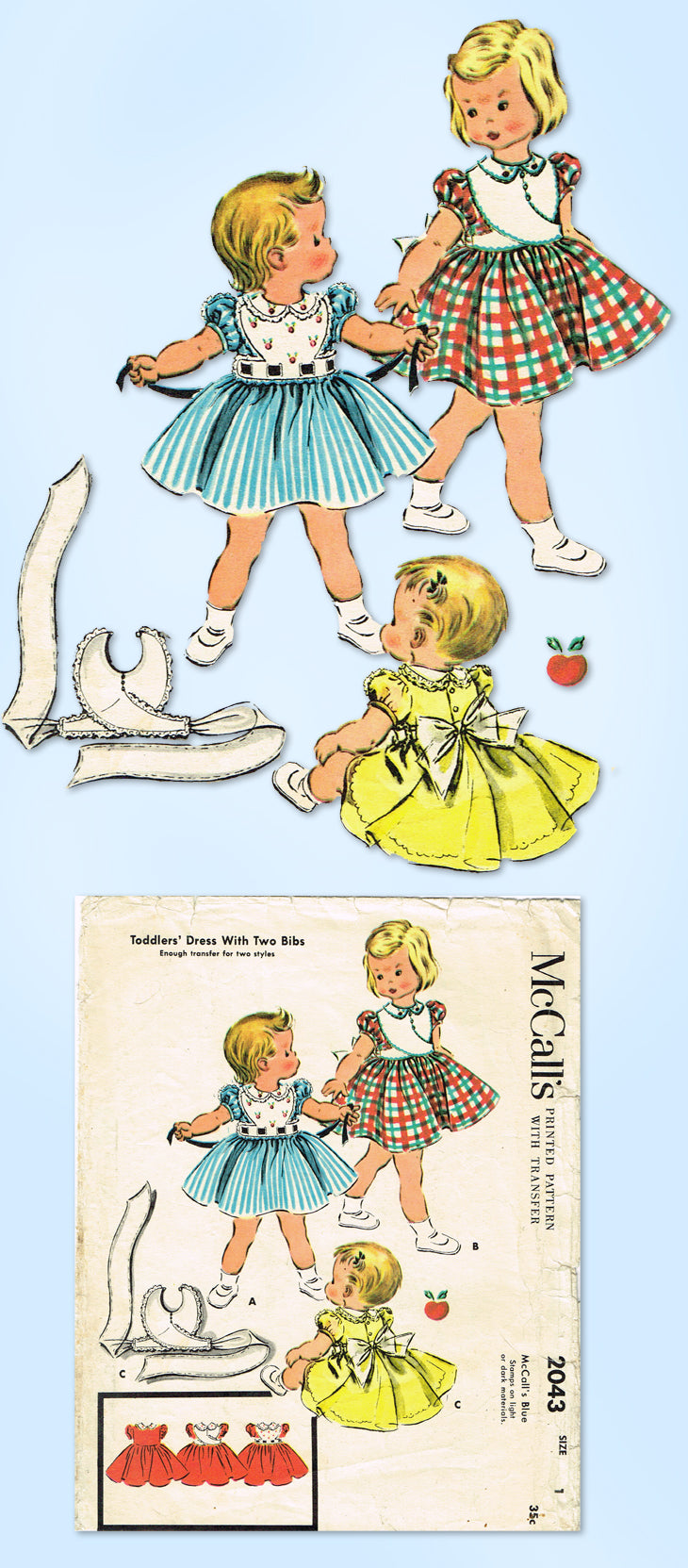 1950s Original Vintage McCall Pattern 2043 Baby Girls Dress & 2 Bibs ...