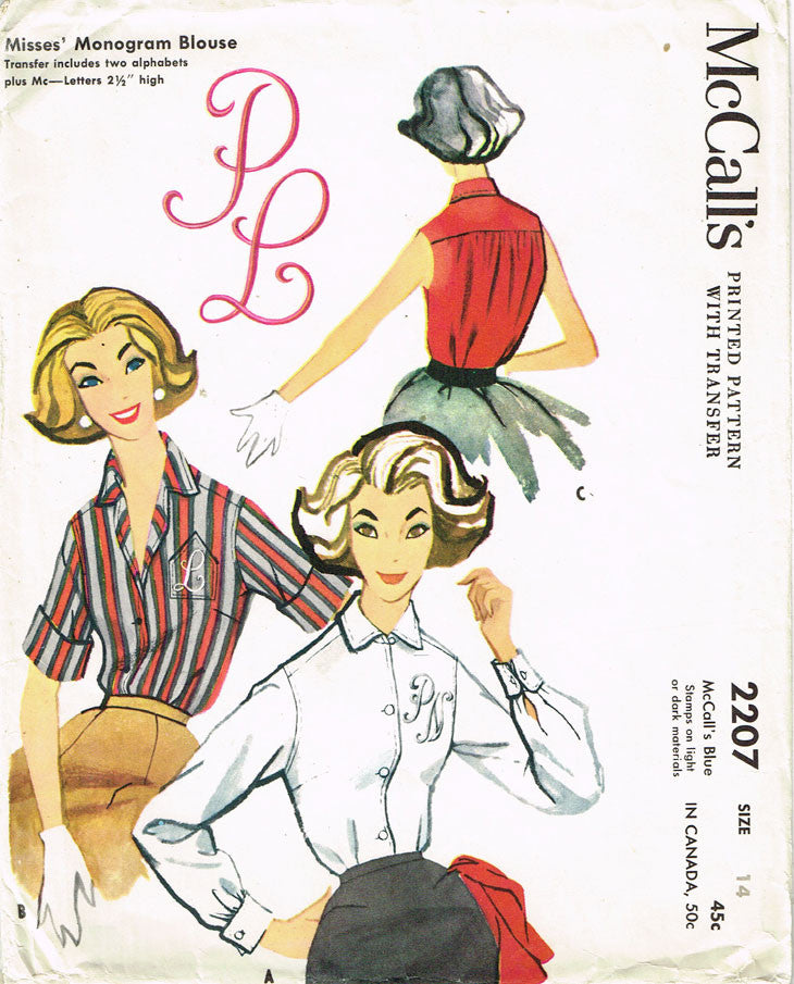 1950s Vintage McCalls Sewing Pattern 2207 Misses Monogram Blouse 34B ...