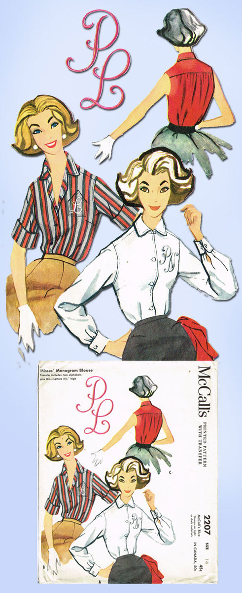 1950s Vintage McCalls Sewing Pattern 2207 Misses Monogram Blouse 34B ...
