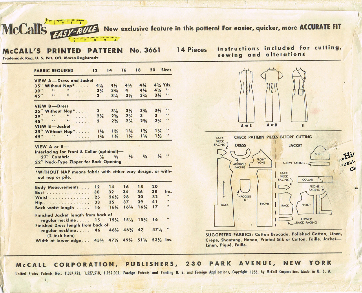 1950s Original Vintage McCalls Pattern 3661 Misses Wiggle Dress Sz 34B ...