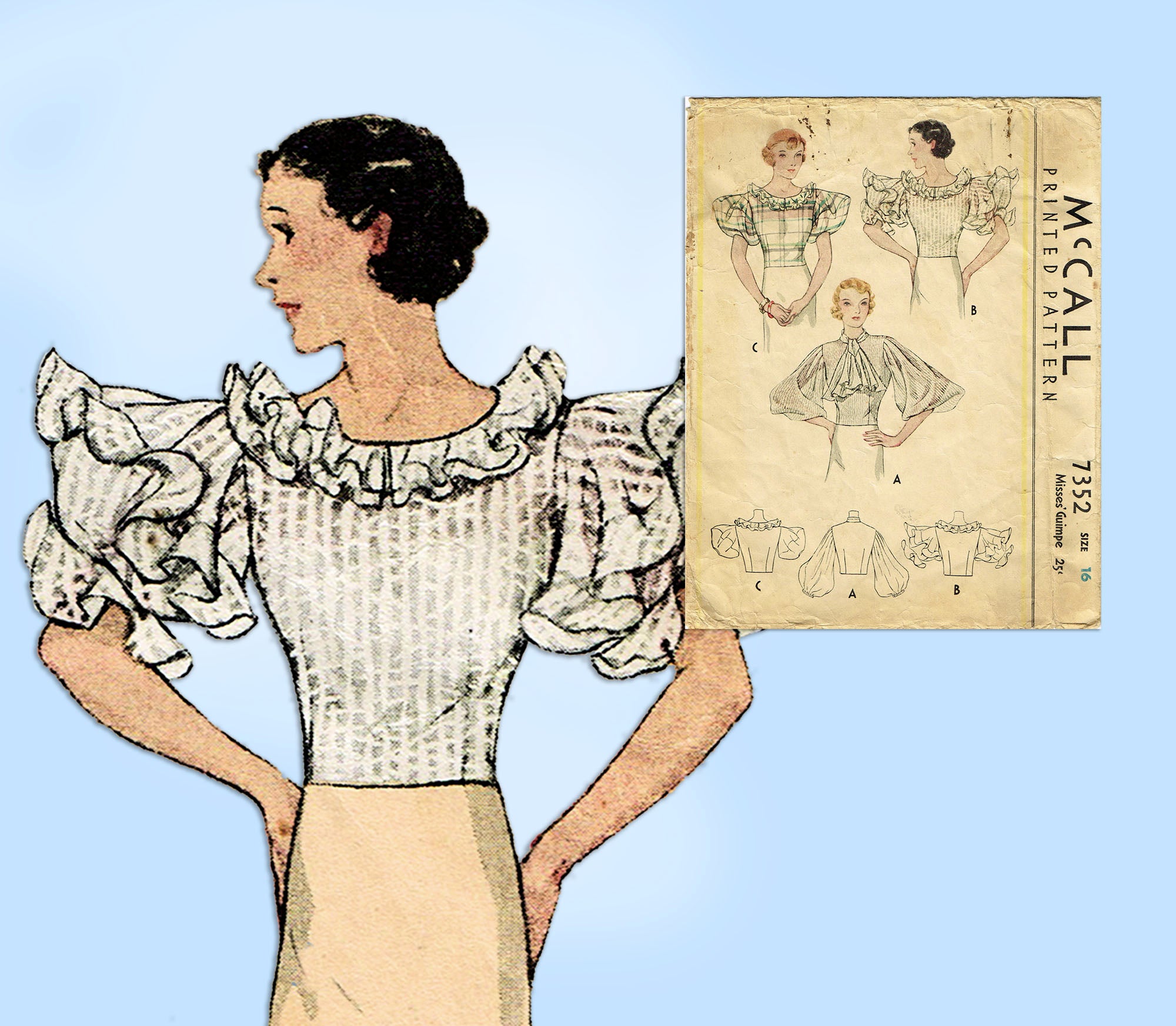 McCall 7352: 1930s Misses Guimpe Blouse Sz 34B Vintage Sewing Pattern ...