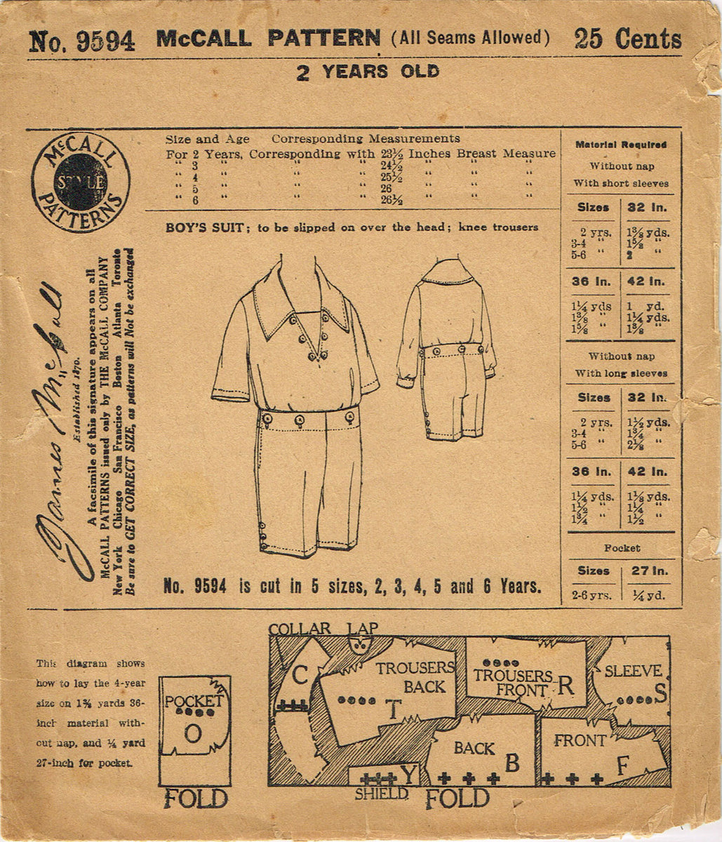 1920s Antique McCall Sewing Pattern 9594 Toddler Boys Trouser Suit Sz2 ...