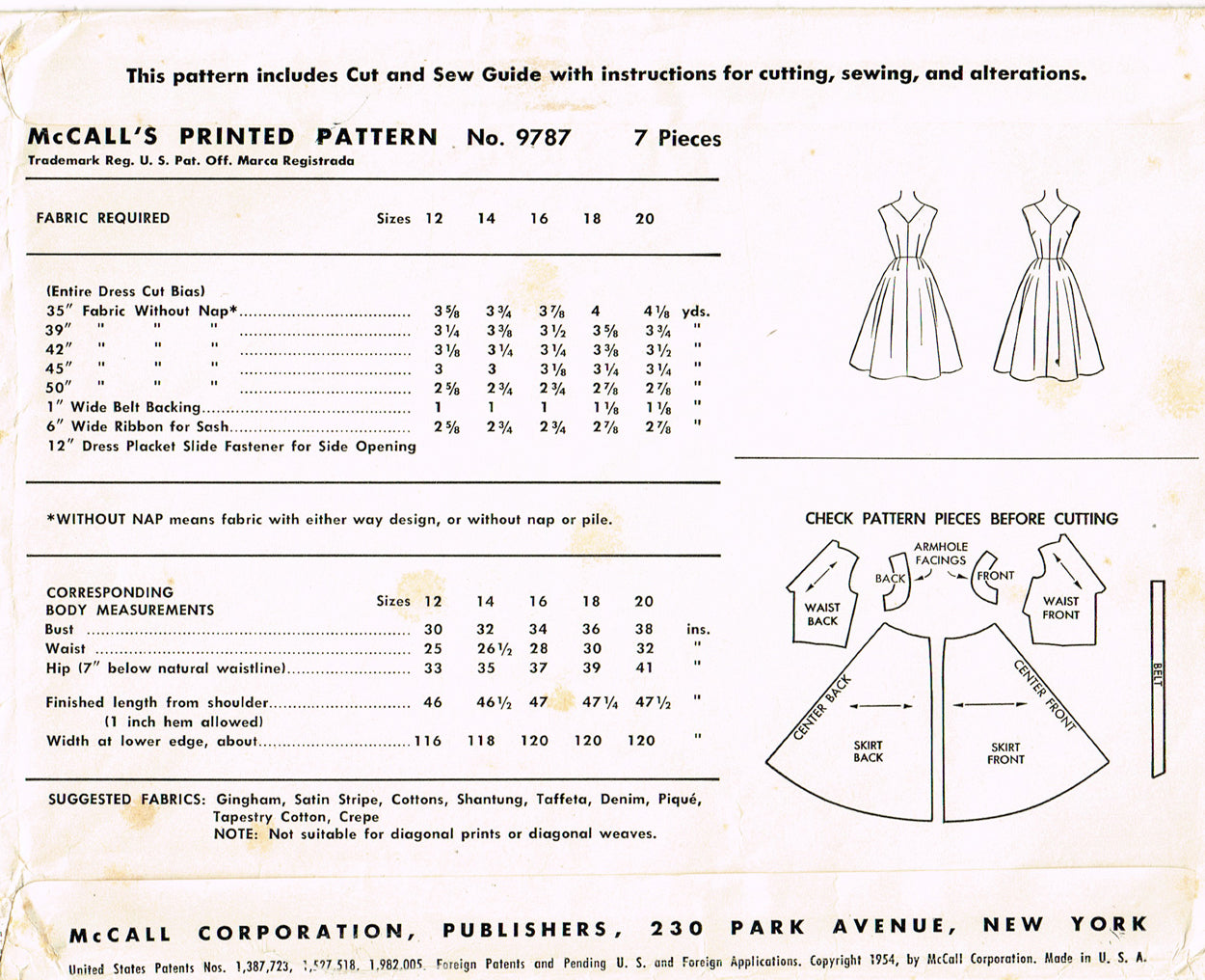 1950s Original Vintage McCall's Pattern 9787 Misses Sun Dress Sz 30 B ...