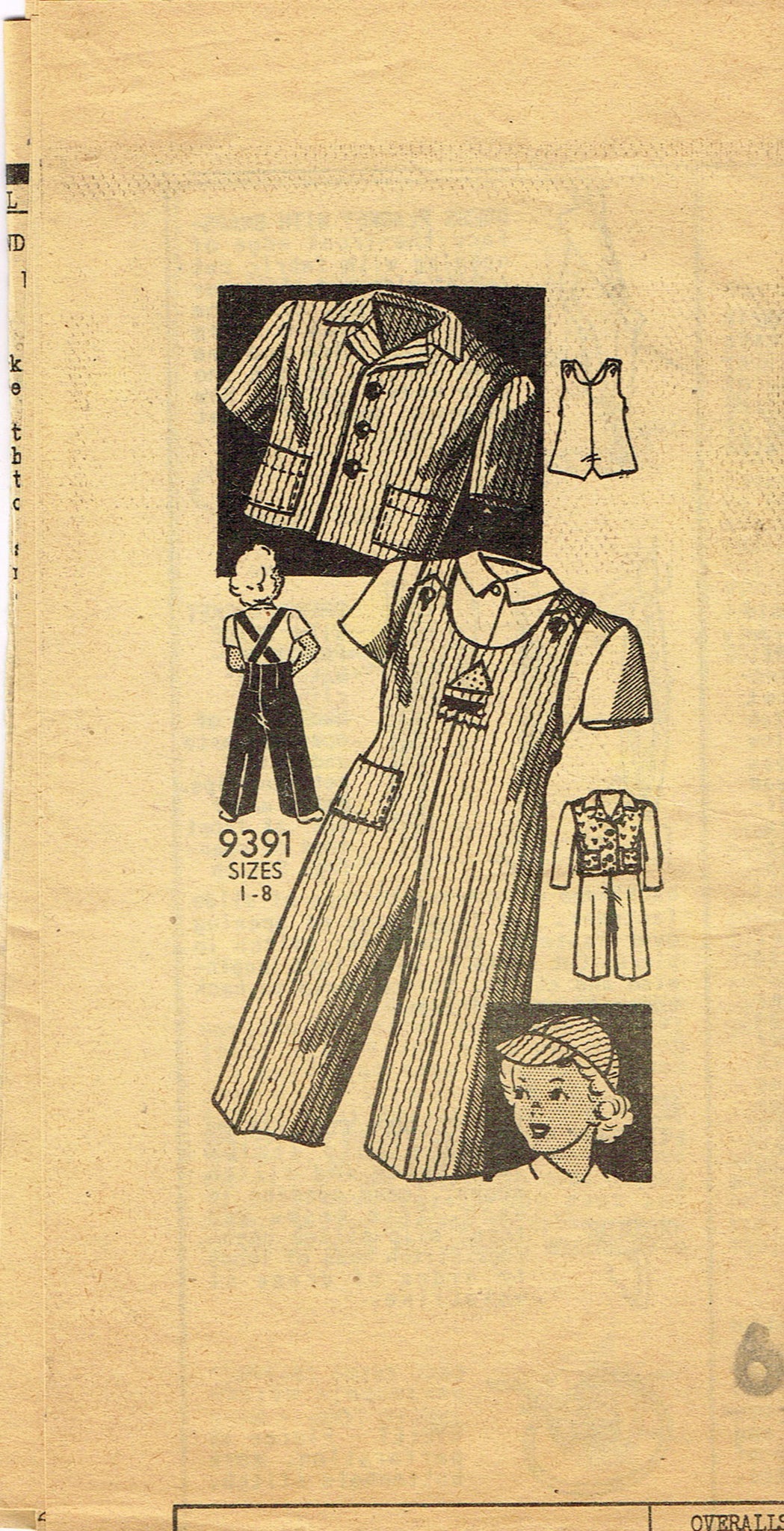 1940s Original Vintage Marian Martin Pattern 9391 Girls Overalls Sz 6 ...