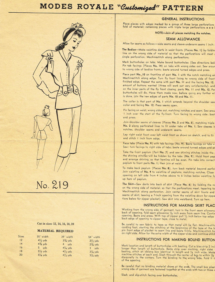 1940s Vintage Modes Royale Sewing Pattern 219 Misses 2 Piece Dress Siz ...