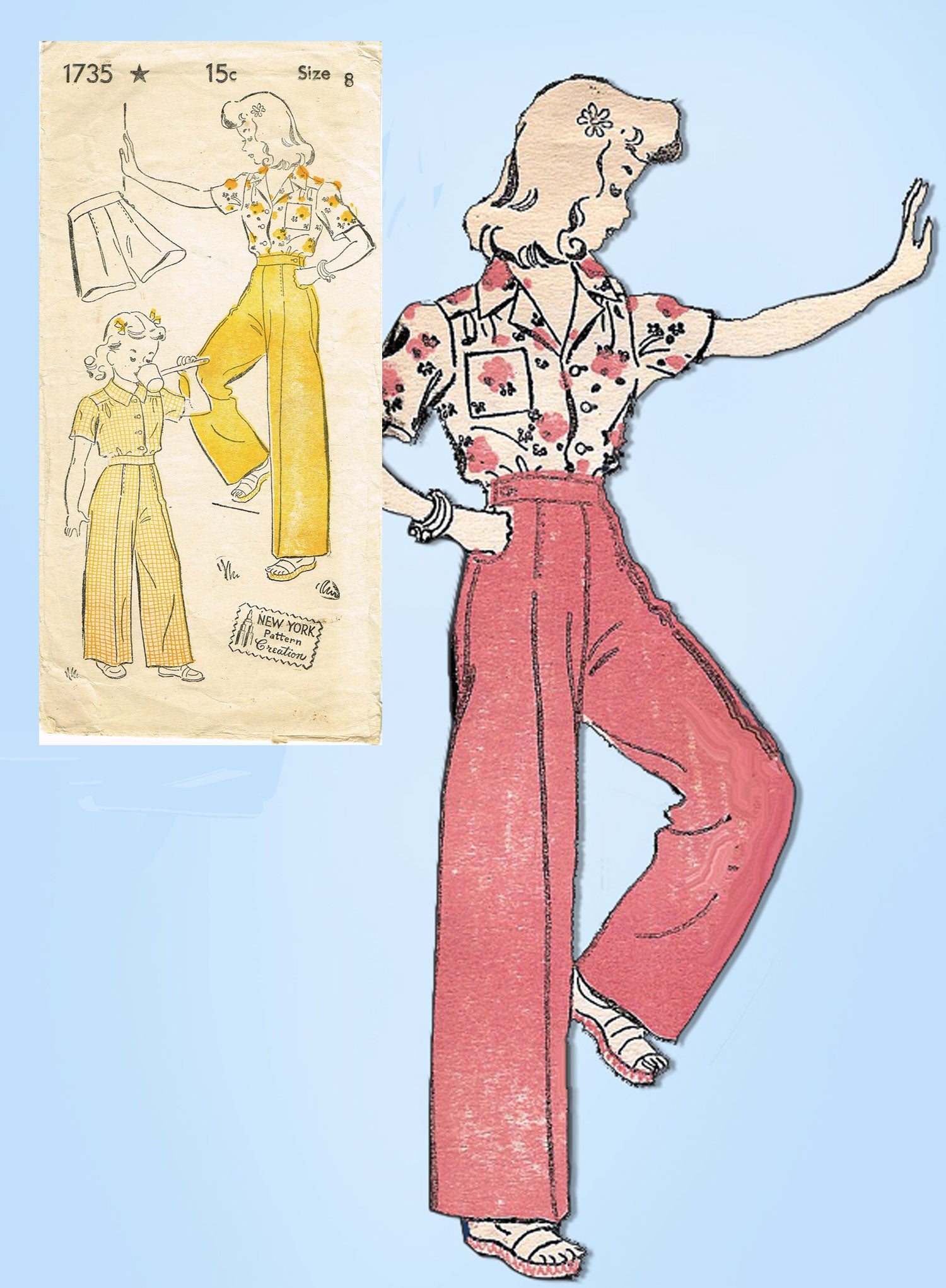 1940s Vintage New York Sewing Pattern 1735 Girls Blouse & Slacks Sz 10 ...