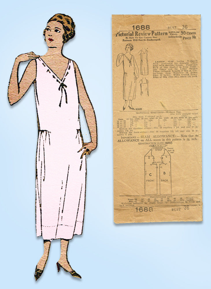 1910s Vintage Pictorial Review Sewing Pattern 1688 Ladies Slip Size 18 ...