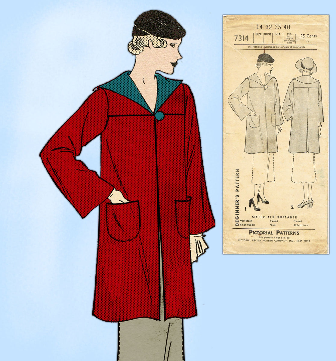 Pictorial Review 7314: 1930s Misses Swagger Coat Sz 32 B Vintage Sewin ...