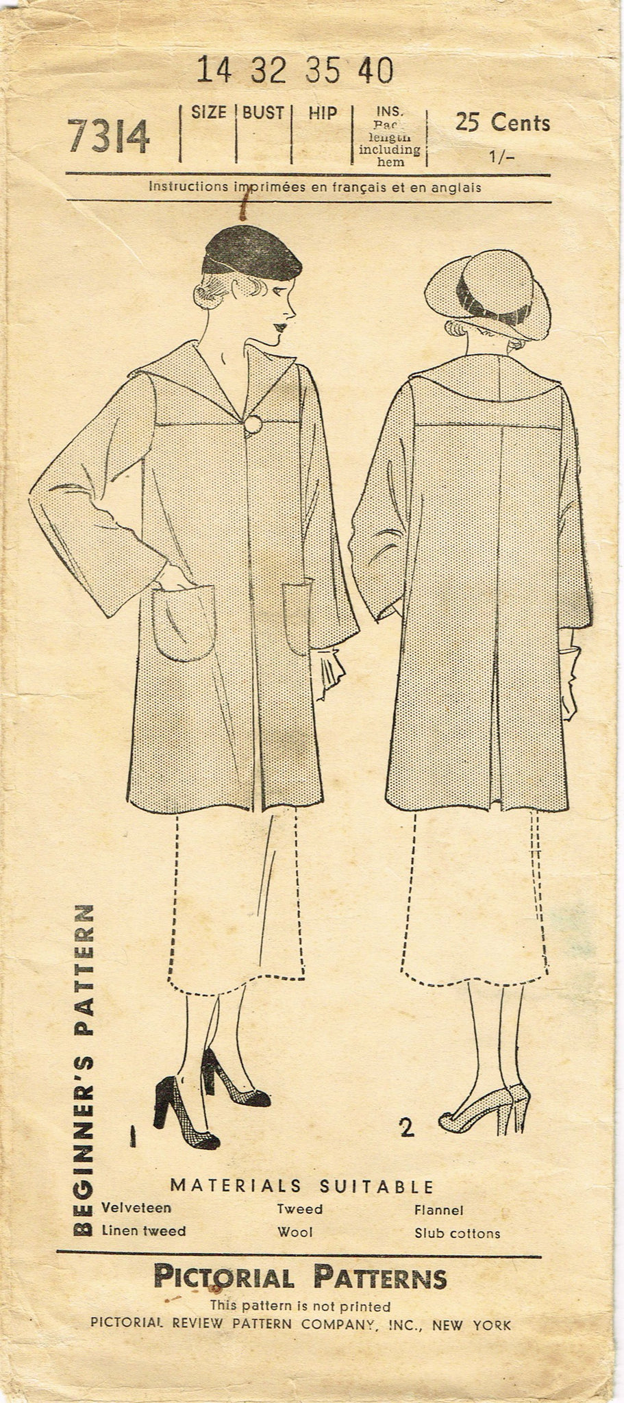 Pictorial Review 7314: 1930s Misses Swagger Coat Sz 32 B Vintage Sewin ...