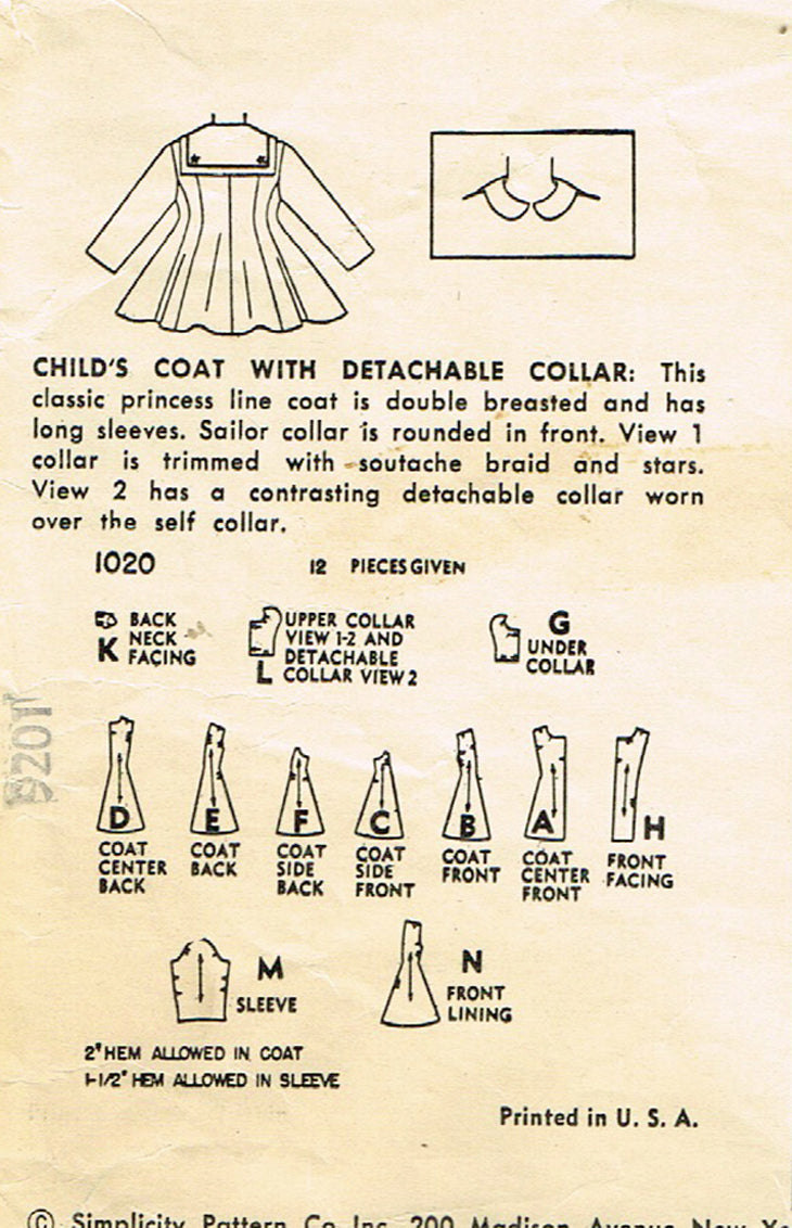 1950s Original Vintage Simplicity Pattern 1020 FF Toddler Girls Coat 3 ...