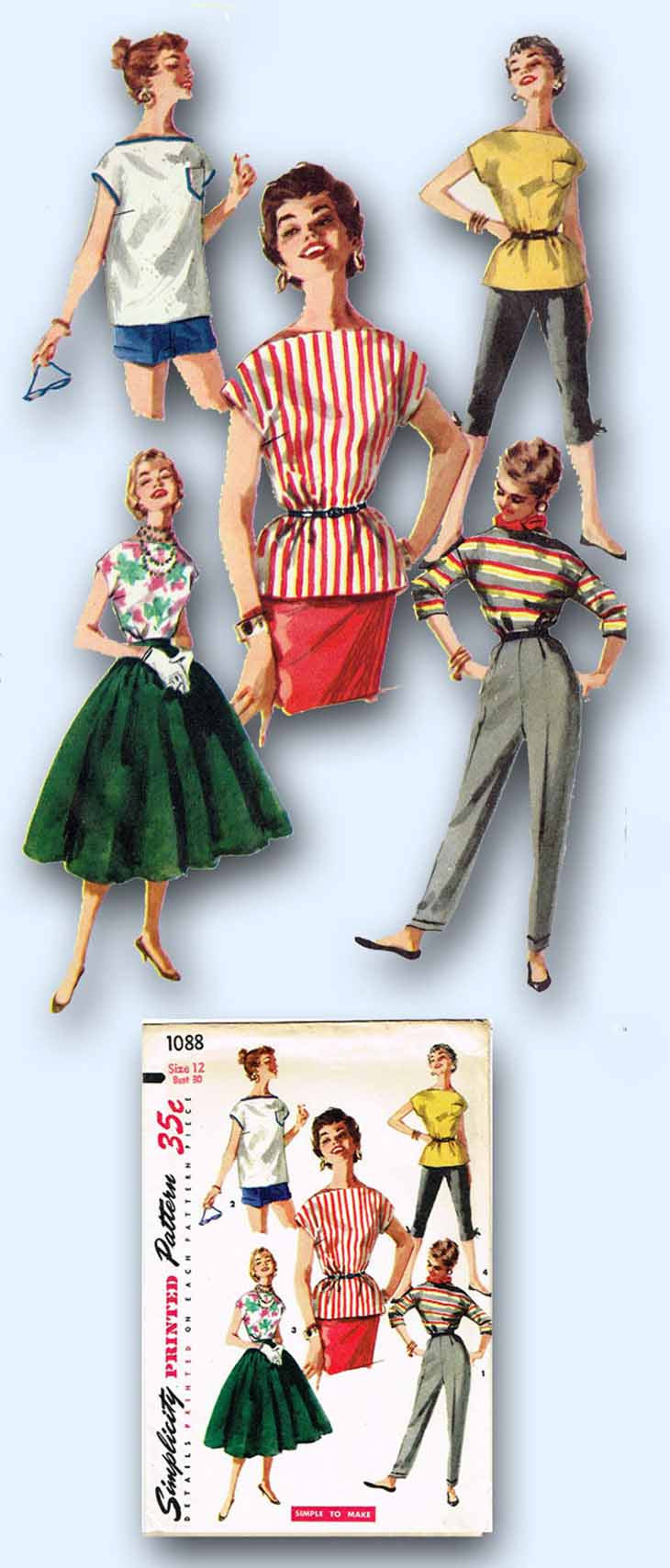 1950s Vintage Simplicity Sewing Pattern 1088 Easy Uncut Misses Blouse ...