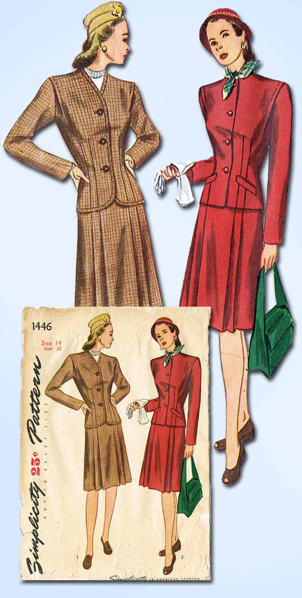 1940s Vintage Simplicity Sewing Pattern 1446 WWII Misses Tailored Suit ...
