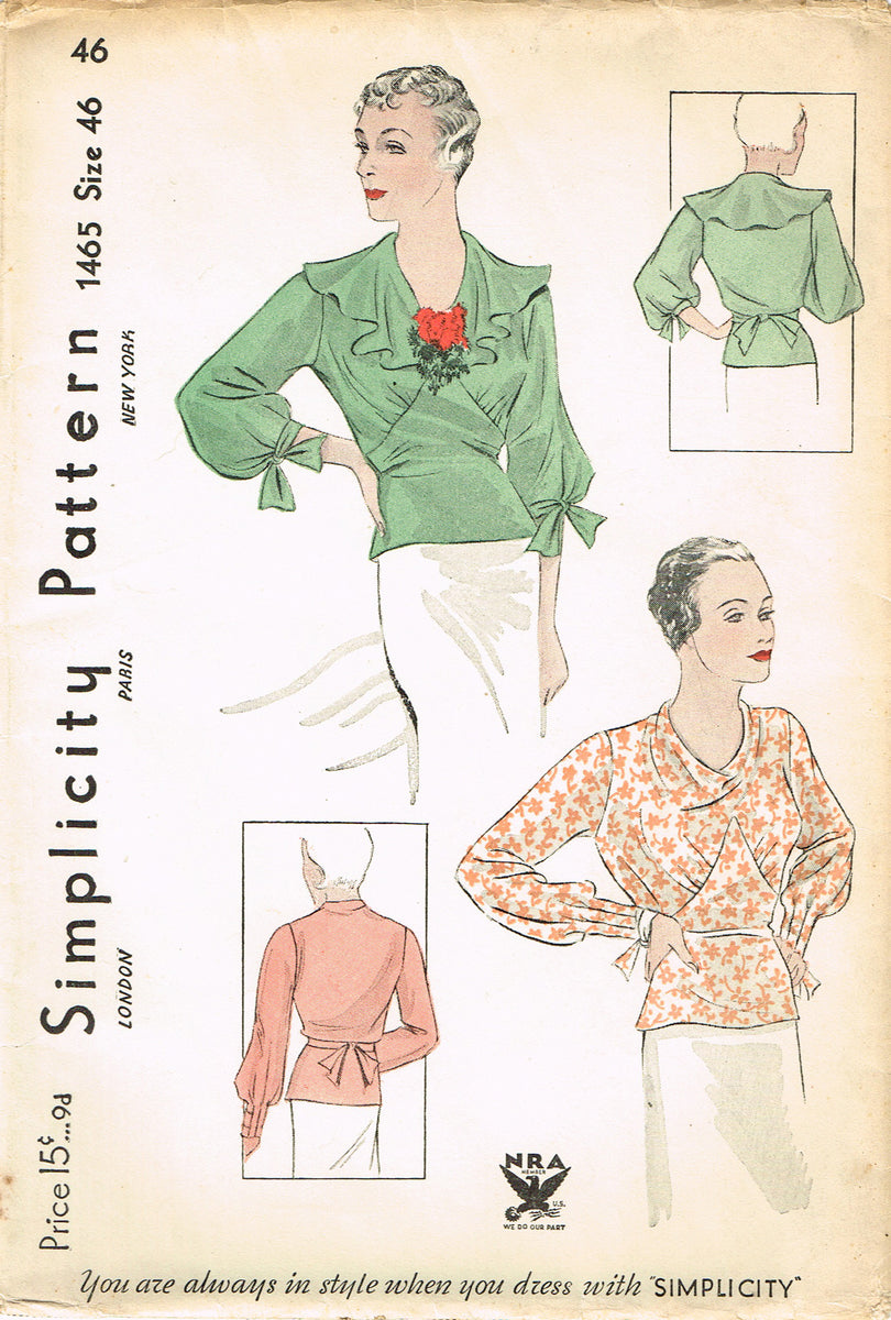 Simplicity 1465: 1930s Uncut Plus Size Evening Blouse 46B Vintage Sewi ...