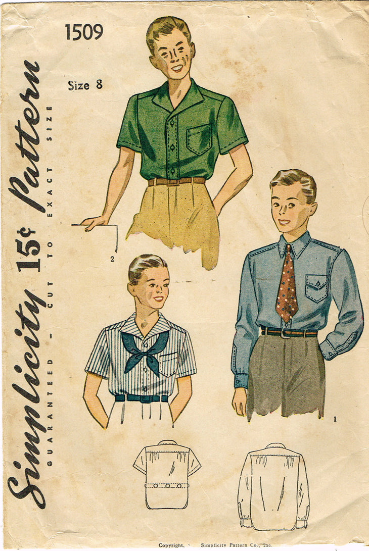 1930s Vintage Simplicity Sewing Pattern 1509 Boys Casual Shirt Size 8 ...