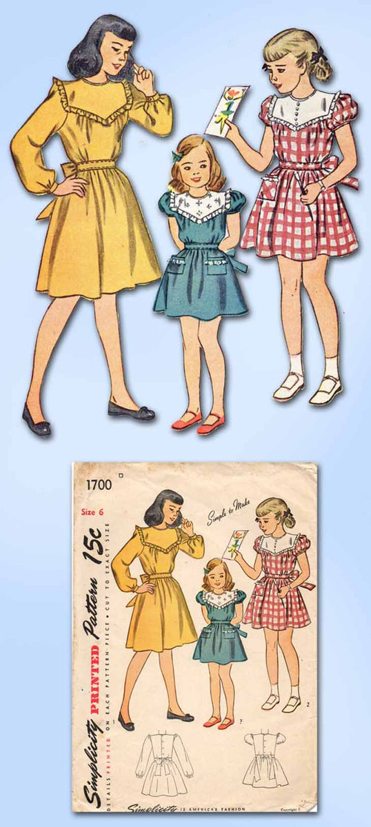 1940s Vintage Simplicity Sewing Pattern 1700 Easy Uncut Girls Dress 6 ...