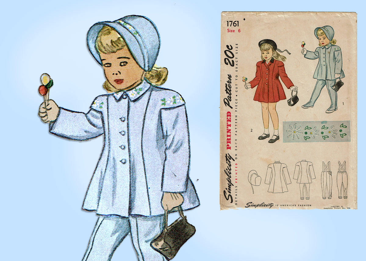 Simplicity 1761: 1940s Uncut Toddler Girls Coat & Hat Sz6 Vintage Sewi ...