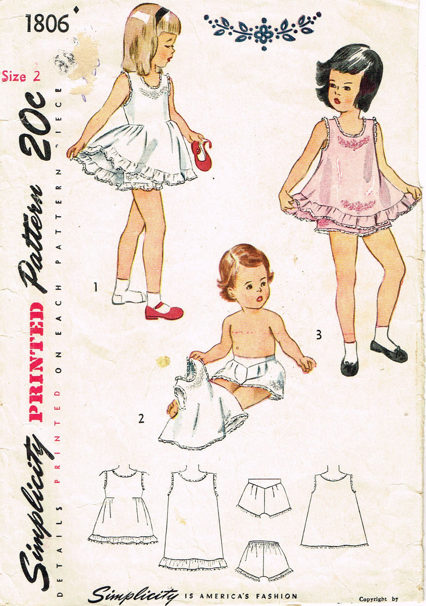 1940s Vintage Simplicity Sewing Pattern 1806 Toddler Girls Slip & Pant ...