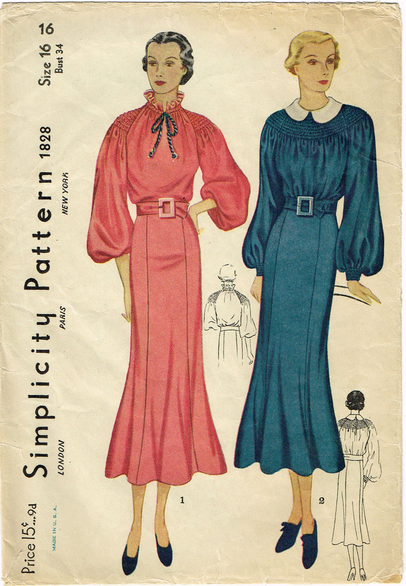 Simplicity 1828: 1930s Stunning Misses Shirred Dress 34 B Vintage Sewi ...