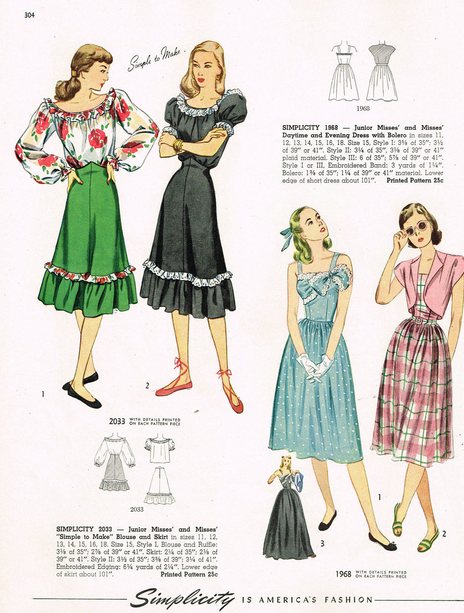 1940s Vintage Simplicity Sewing Pattern 2033 Misses Skirt & Blouse 34B ...