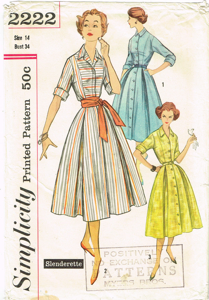 1950s Vintage Simplicity Sewing Pattern 2222 Uncut Misses Shirtwaist D ...