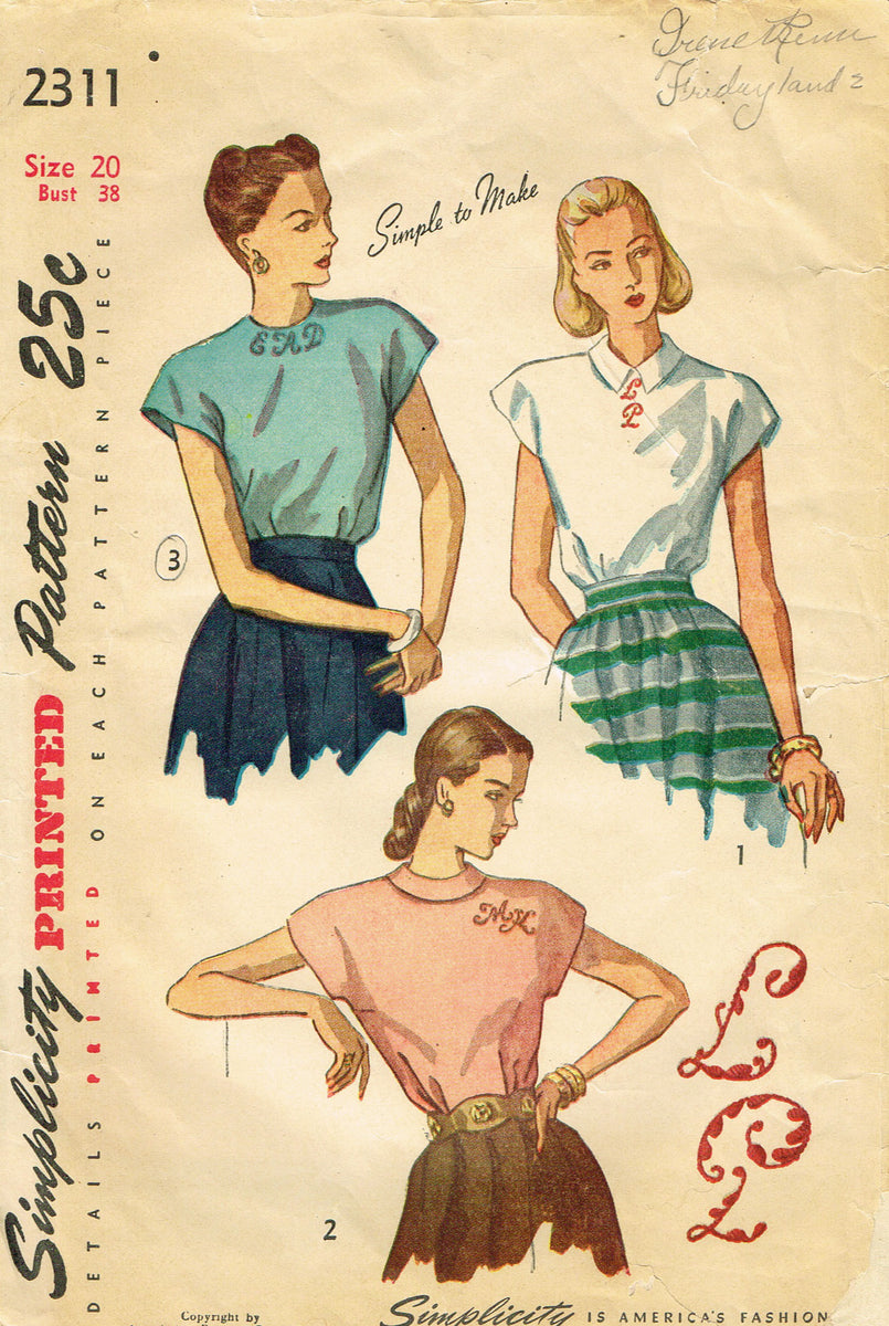 Simplicity 2311: 1940s Uncut Misses Blouse Sz 38 Bust Vintage Sewing P ...