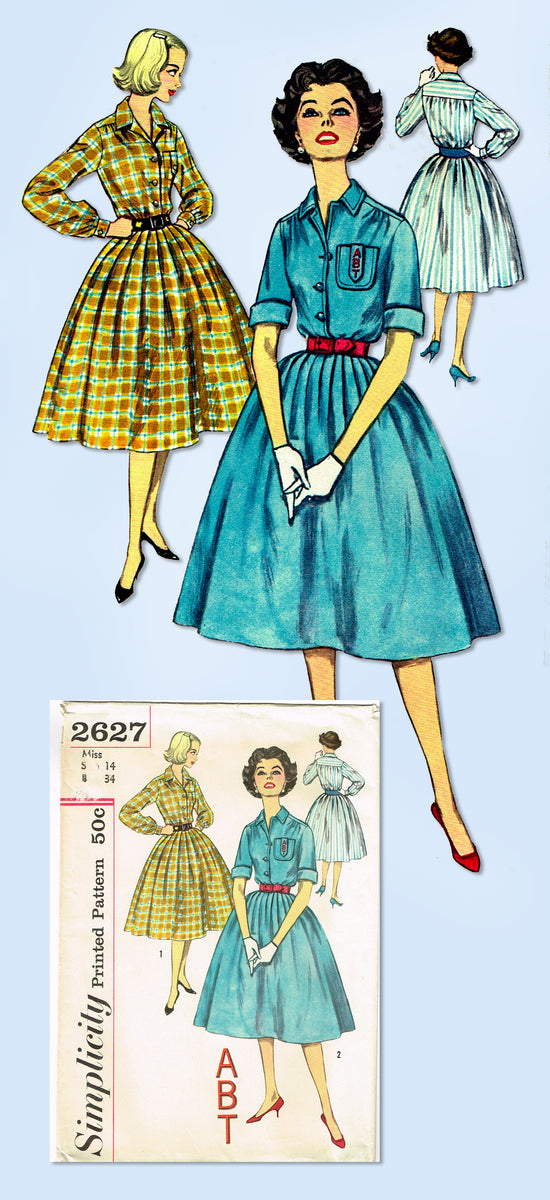 1950s Vintage Simplicity Sewing Pattern 2627 Misses Shirtwaist Dress S ...