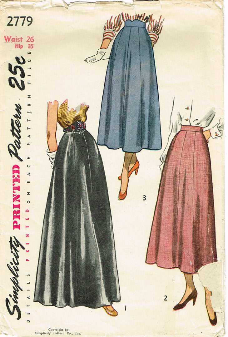 1940s Vintage Simplicity Sewing Patern 2779 Misses Gored Evening Skirt ...
